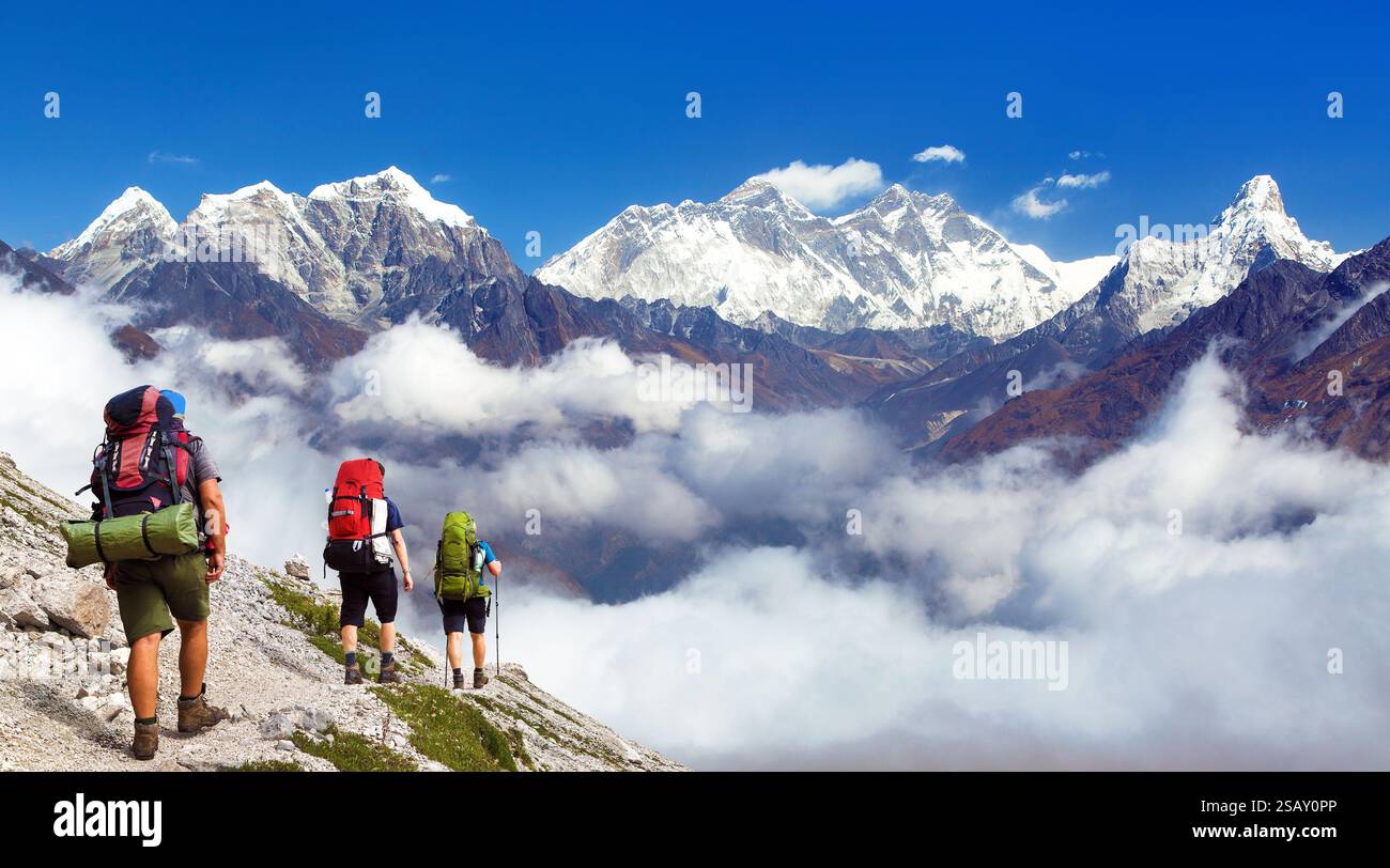 Mount Everest, Mt Ama Dablam, three hikers, way to Mt Everest base camp, Khumbu valley ...