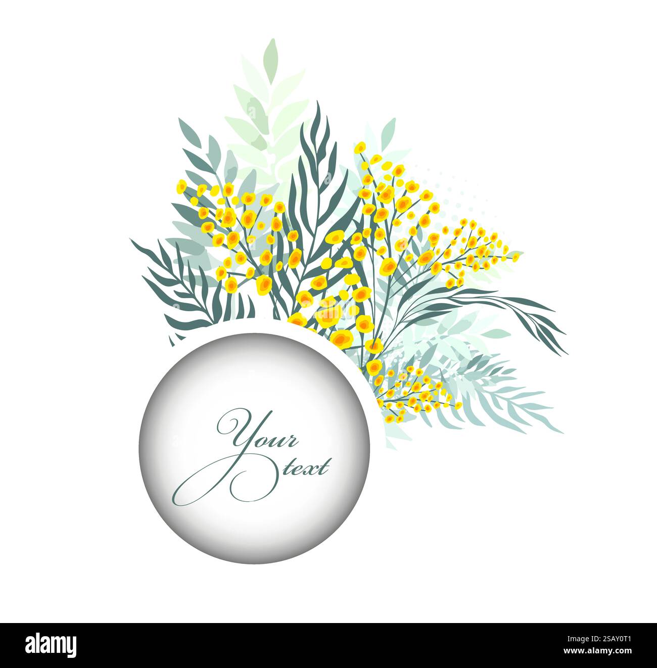 Round frame with mimosa. Hello spring hand drawn. Not AI, Vector ...