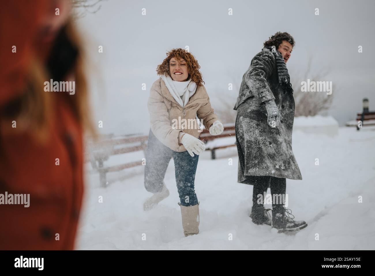 Group enjoying a lively snowball fight in a snowy winter setting Stock ...