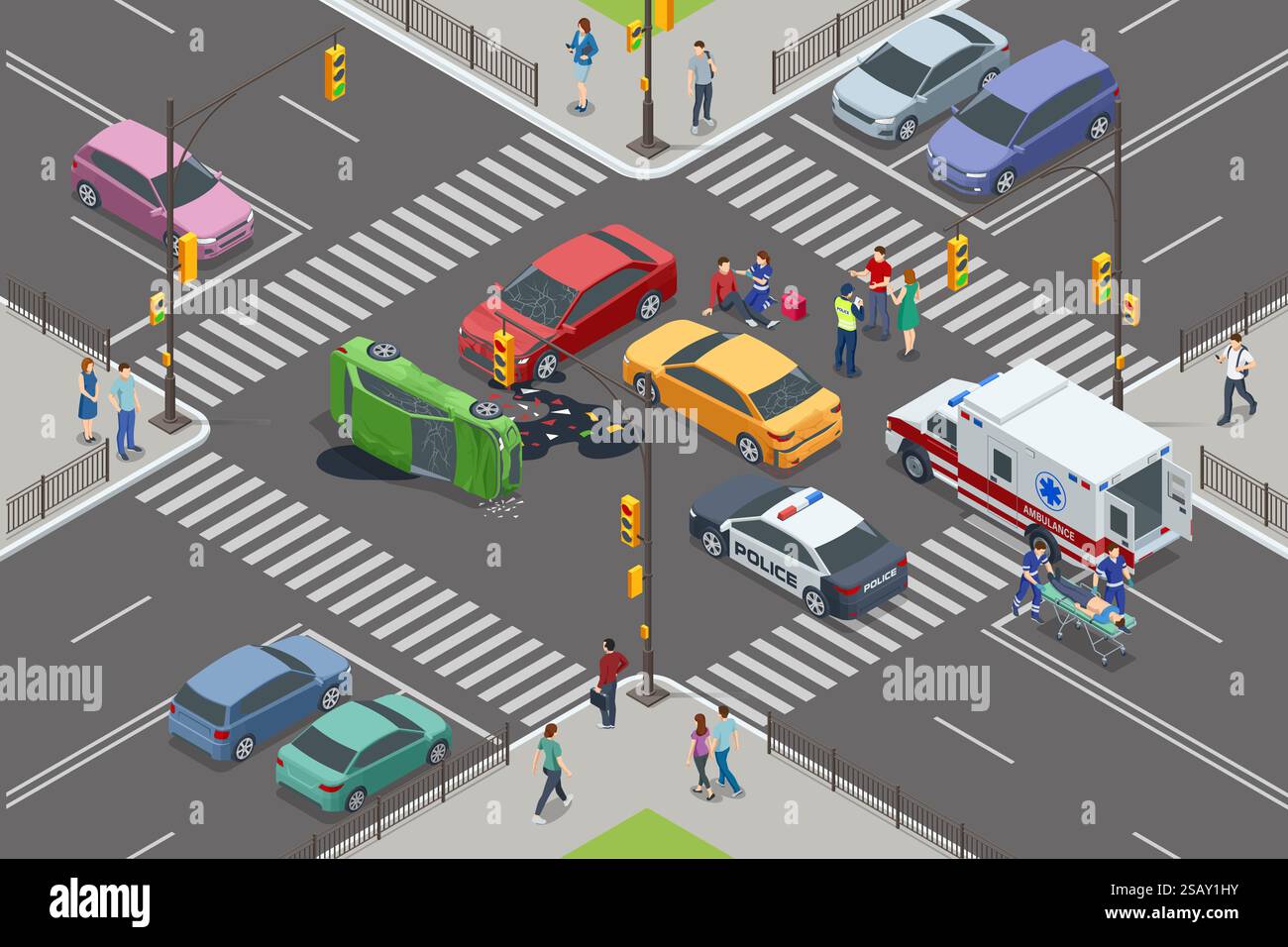 Car crash. Isometric vector illustration of a car accident at an ...
