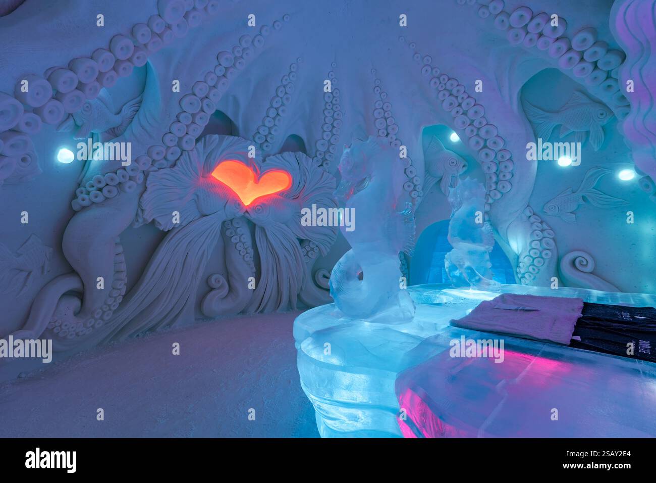 LAINIO, FINLAND - JANUARY 16, 2025: Snow and ice sculptures in Lainio ...