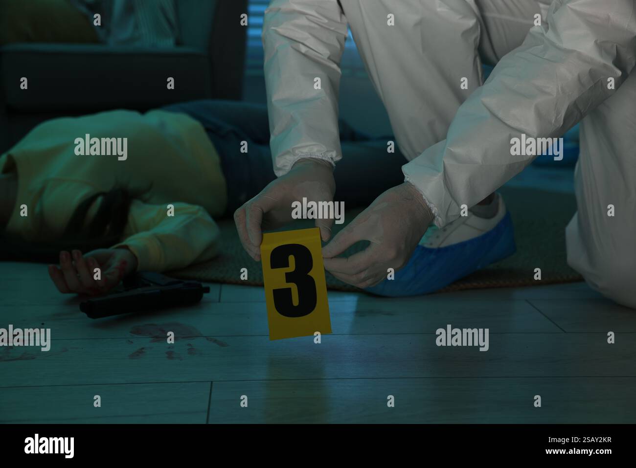 Forensic expert working at crime scene with dead woman's body indoors, closeup Stock Photo - Alamy