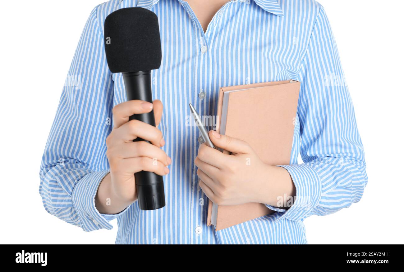 Journalist with microphone, notebook and pen on white background ...