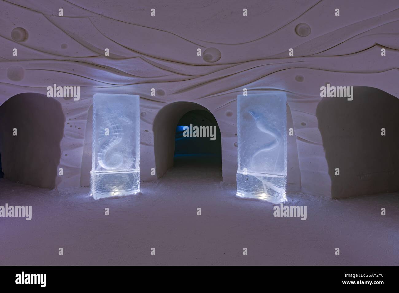 LAINIO, FINLAND - JANUARY 16, 2025: Ice sculptures in Lainio snow ...