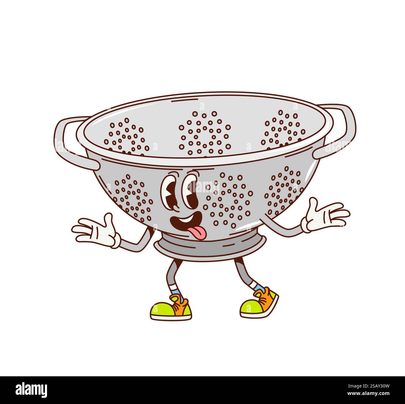Cartoon groovy kitchen colander strainer character. Kitchen colander or ...