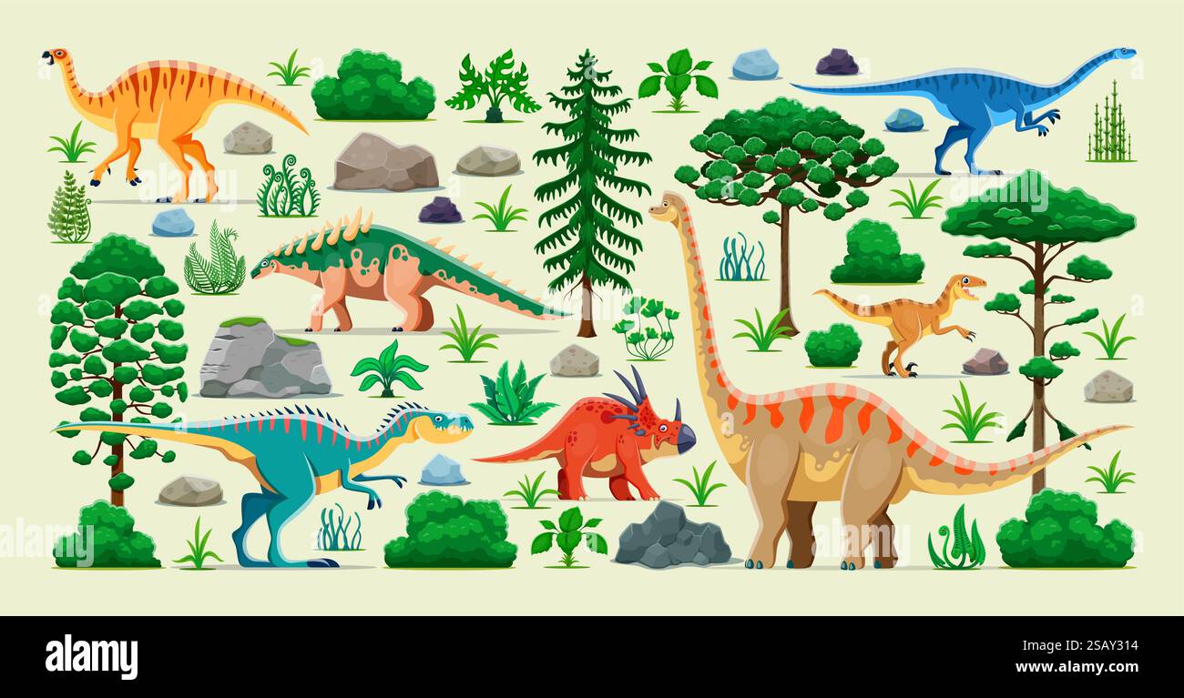 Cartoon prehistoric dinosaur characters, forest trees, plants and rocks ...