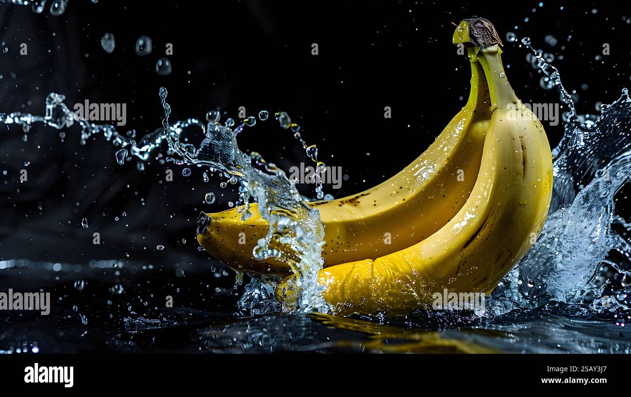 This high-speed photograph captures the dynamic moment when a banana ...