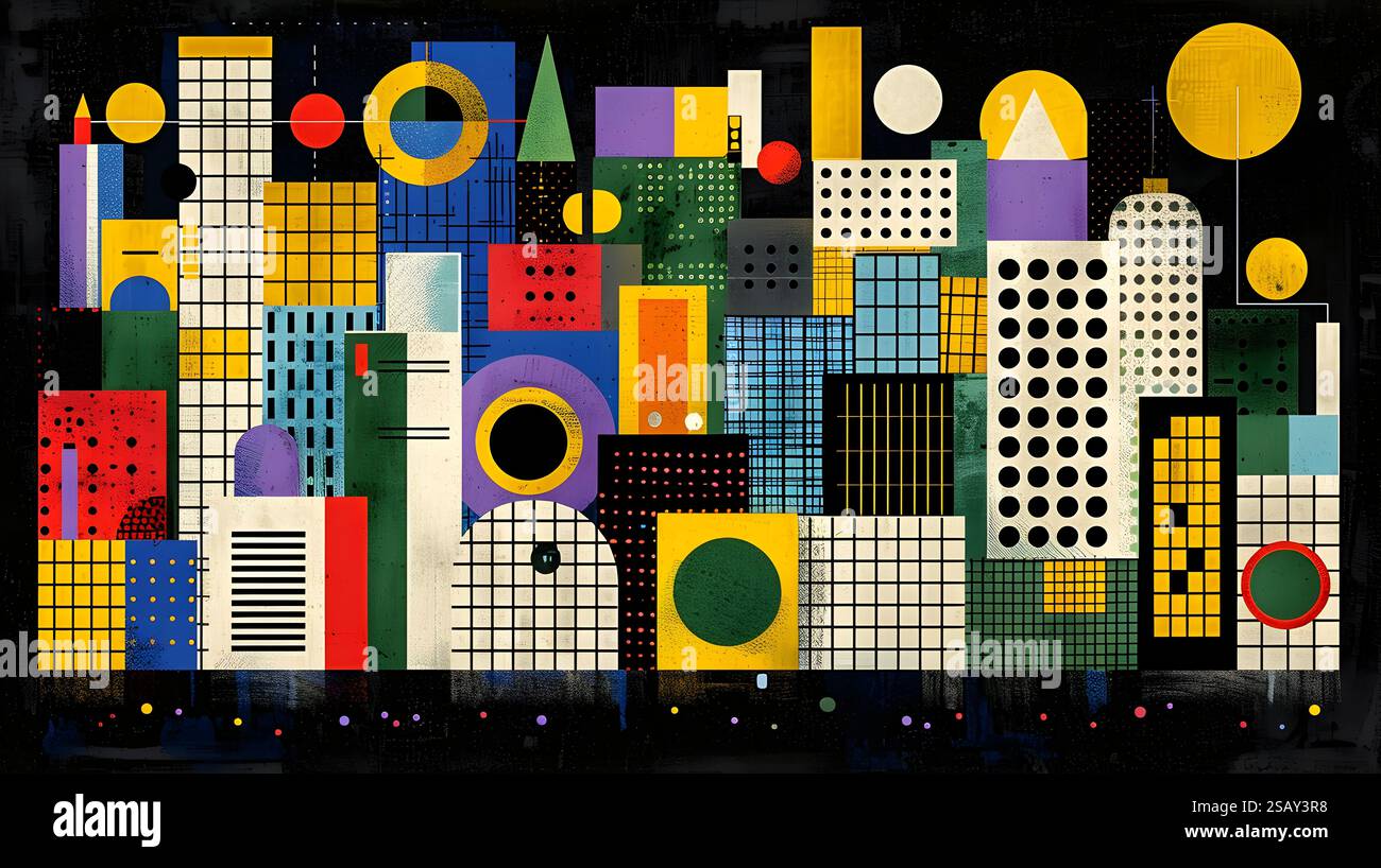 This image is a vibrant and stylized abstract featuring a geometric ...