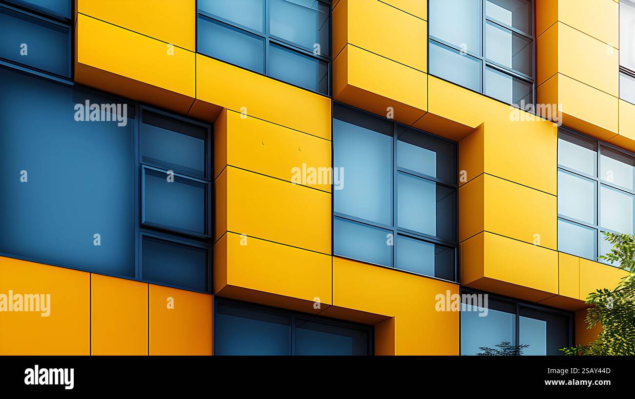 This striking image depicts a vibrant and contemporary building facade ...