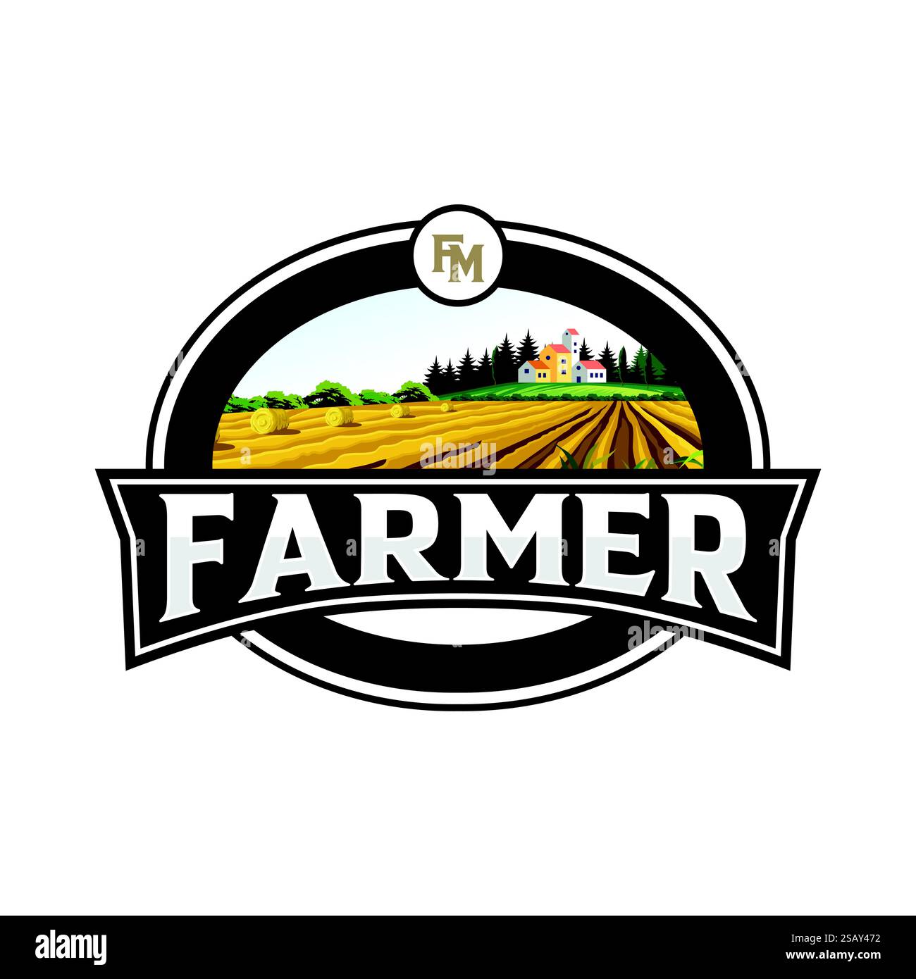 vintage logo with illustration of rural farm fields Stock Vector Image ...