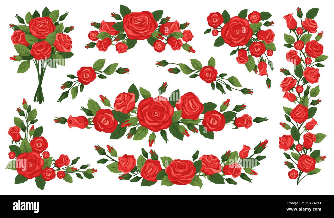 Red roses borders. Decorative floral elements. Botanical dividers ...
