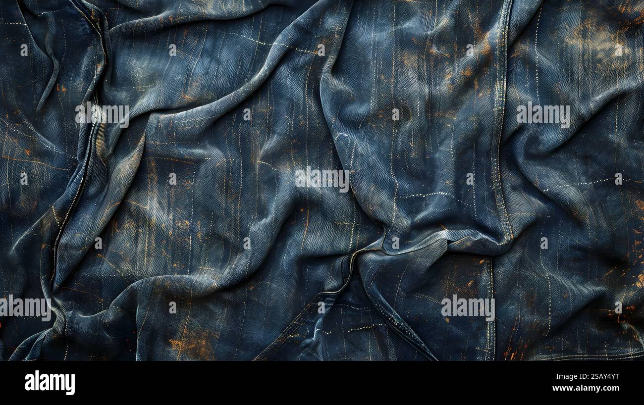 This image showcases a close-up view of a distressed,crumpled denim ...