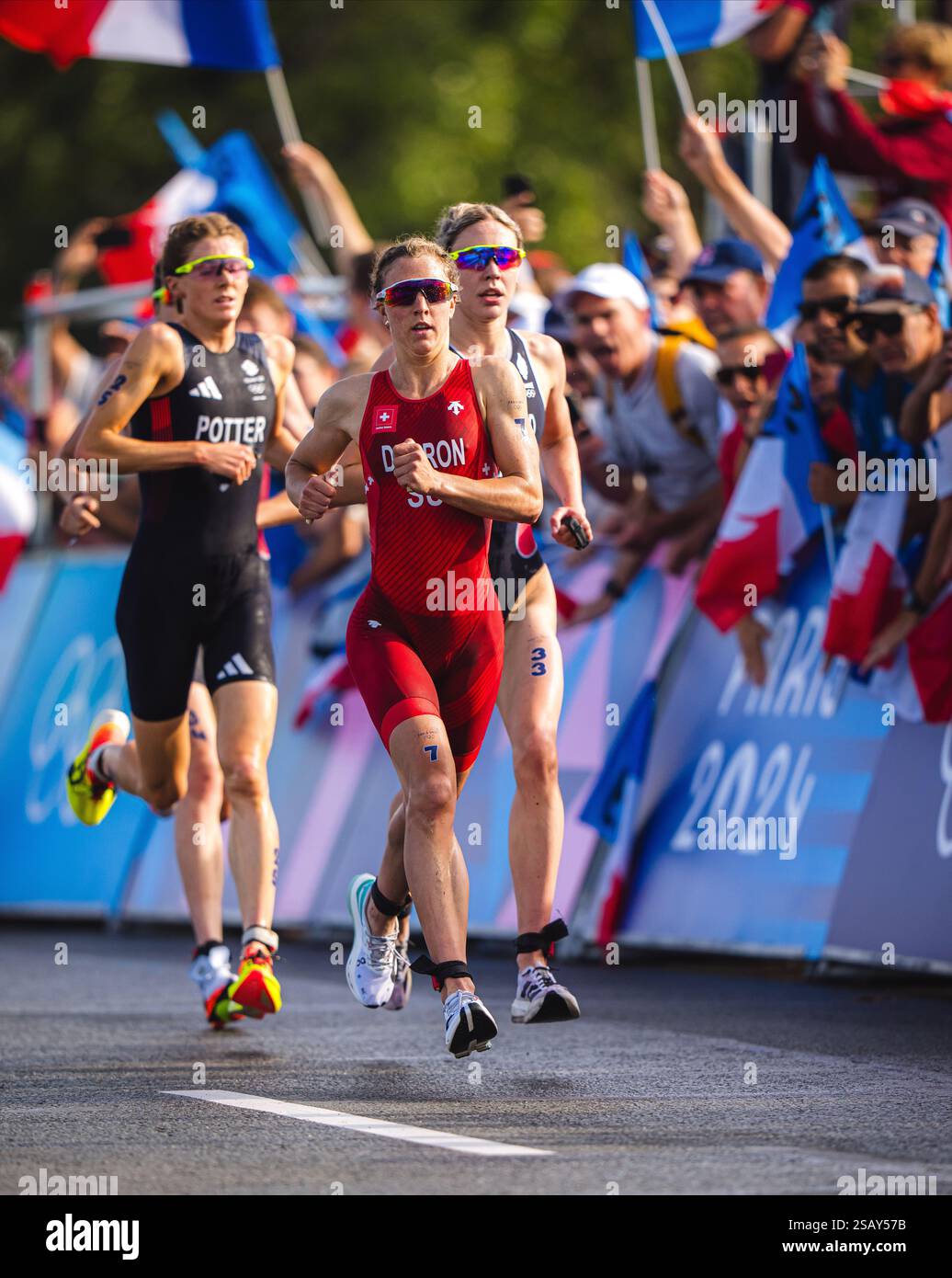 Julie Derron participating in the triathlon at the Paris 2024 Olympic ...