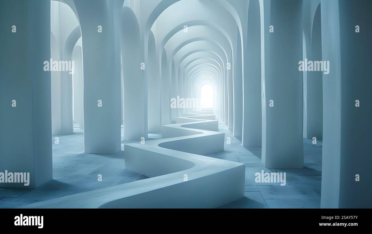A mesmerizing and serene architectural space featuring a long,winding ...