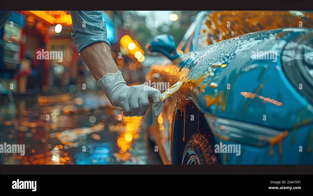 This image depicts a close-up view of a car wrap installer meticulously ...