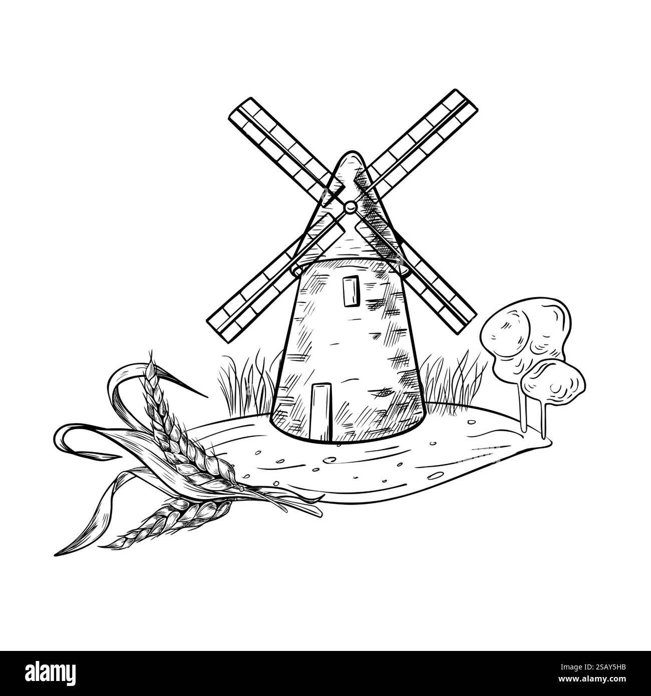 Rustic landscape of windmill and grass on ground black white vector ...