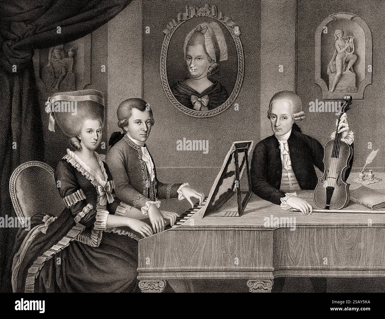 Wolfgang Amadeus Mozart with his sister Maria Anna "Nannerl" and father ...