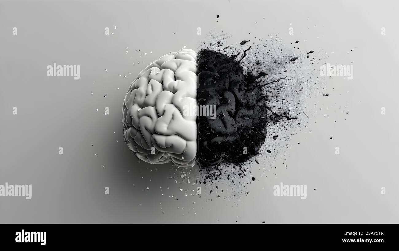 This striking black and white image presents a powerful visualization of the human brain and ...