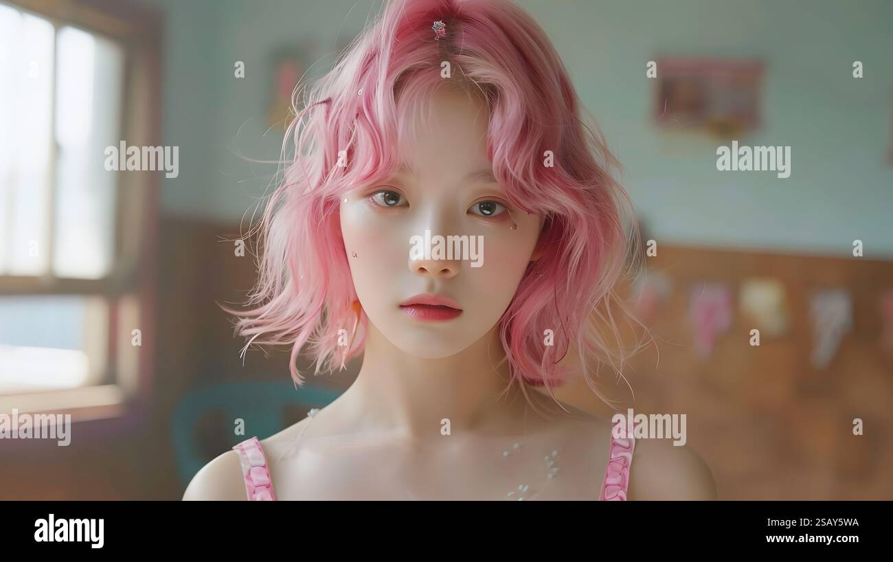 A captivating image of a young woman with a striking pink wavy bob ...