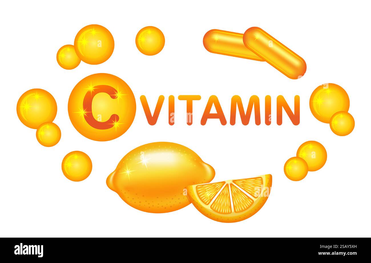 Vitamin C medical capsule pill with lemon citrus fruit, pharmacy ...