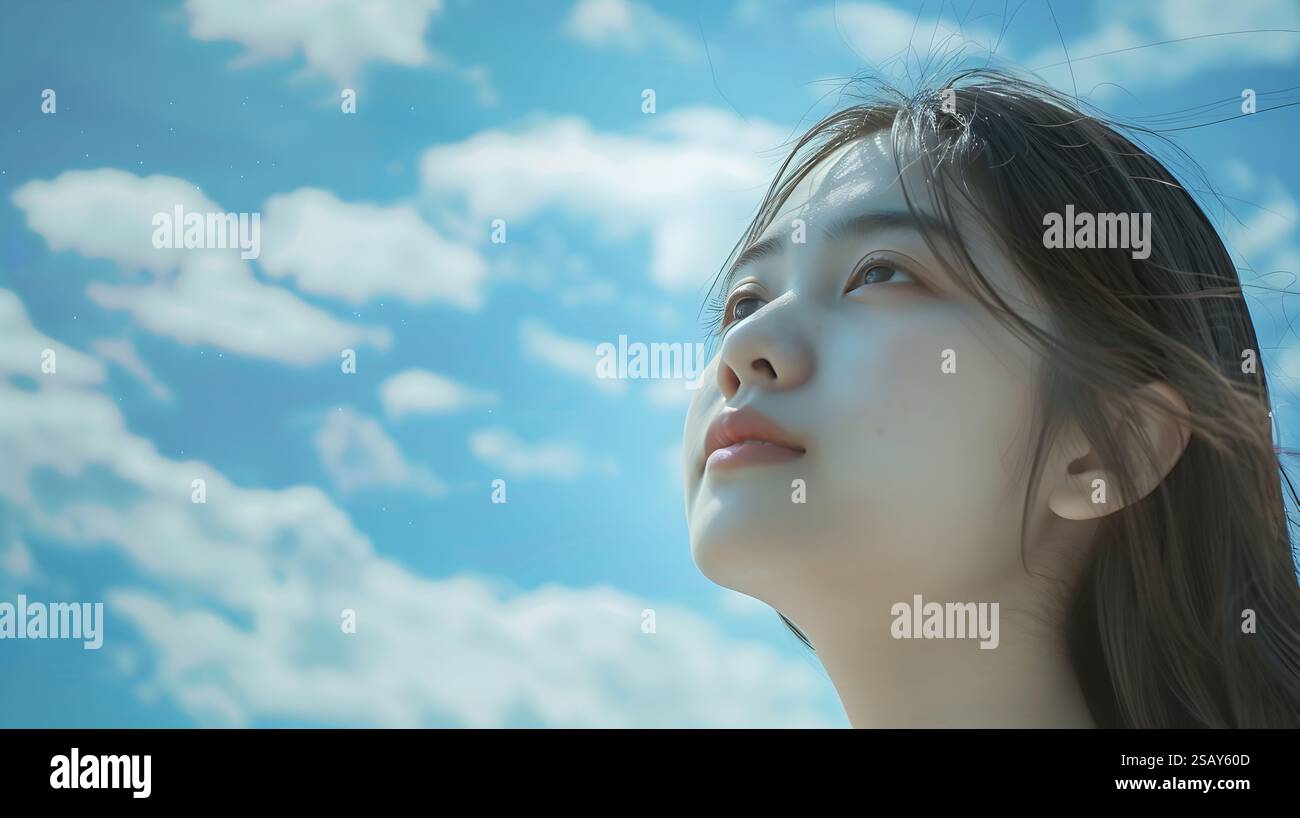 The image shows a young Asian girl looking out a window,her gaze fixed on the blue sky and white ...