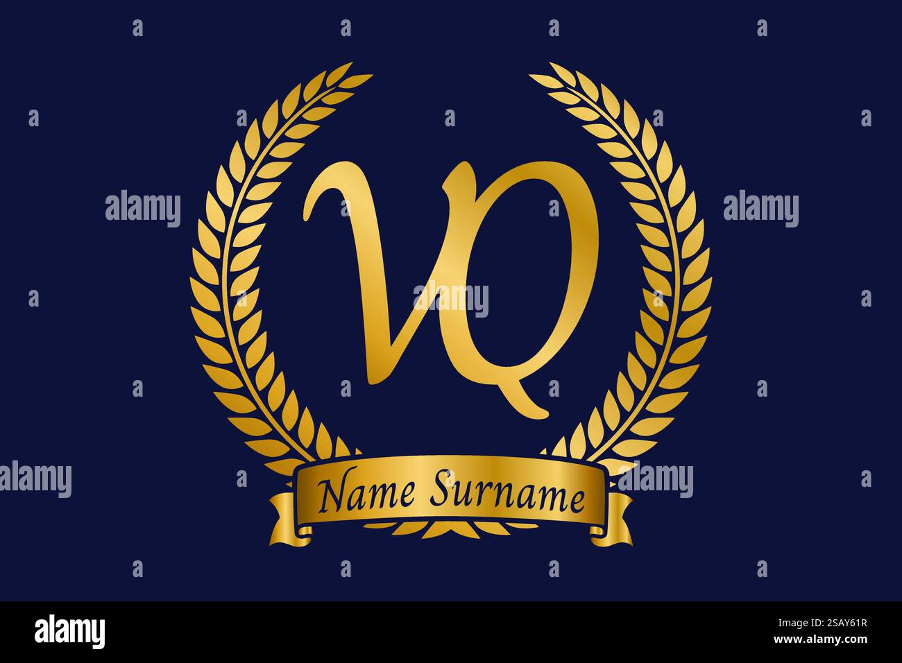 Initial letter V and Q, VQ monogram logo design with laurel wreath. Luxury golden emblem with ...