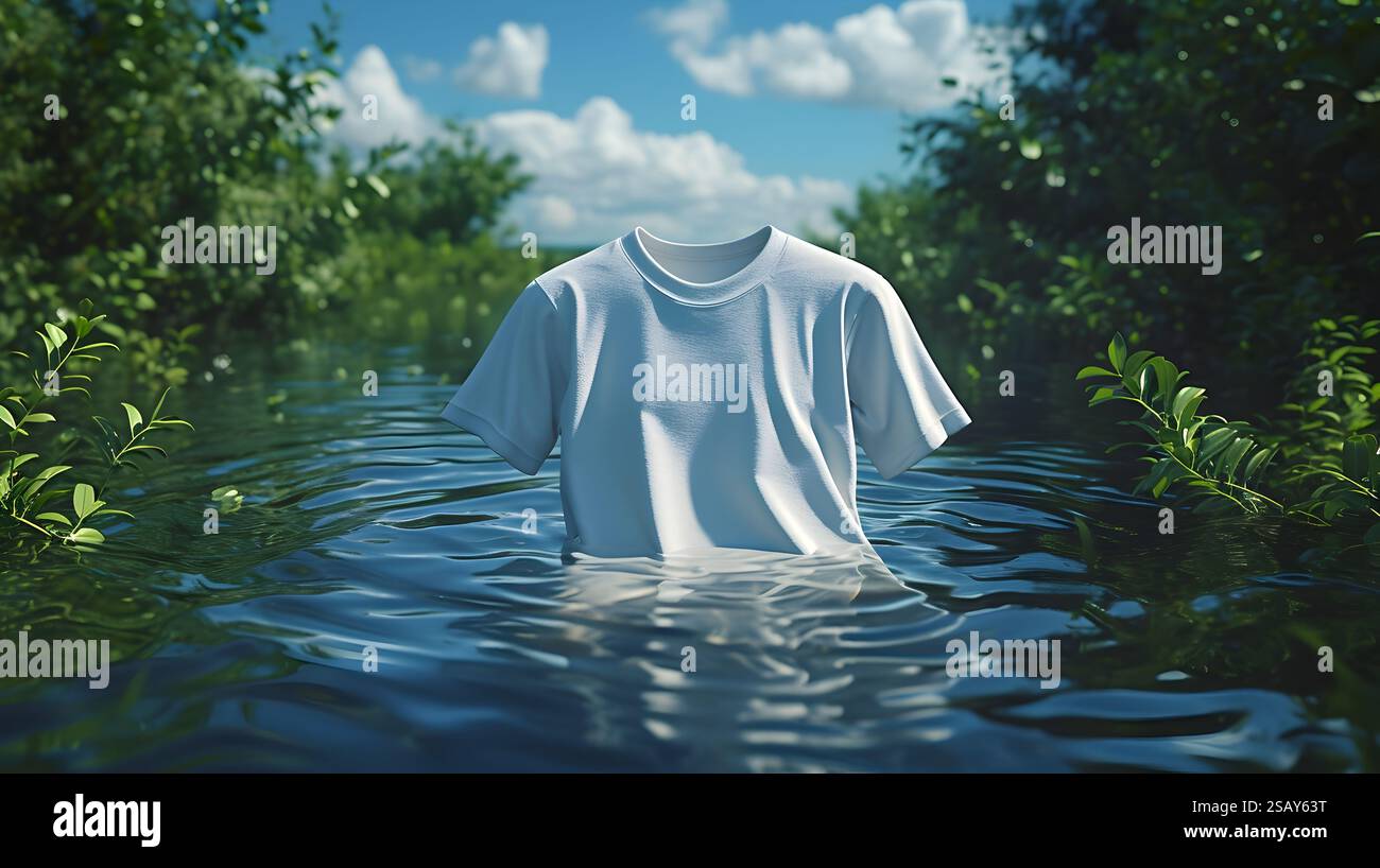 This visually striking and highly image depicts a simple white t-shirt ...