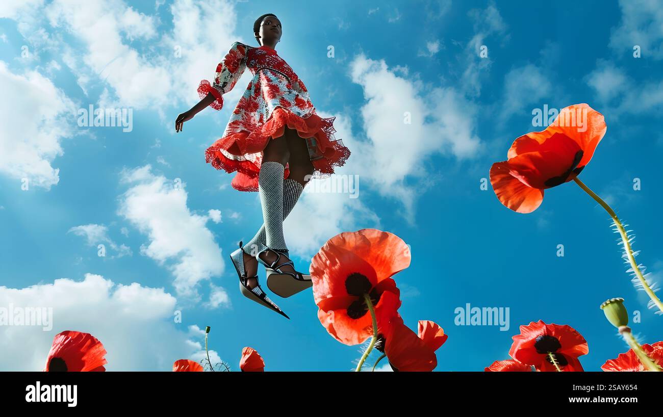 This striking image showcases a levitating female model in a bold,avant ...