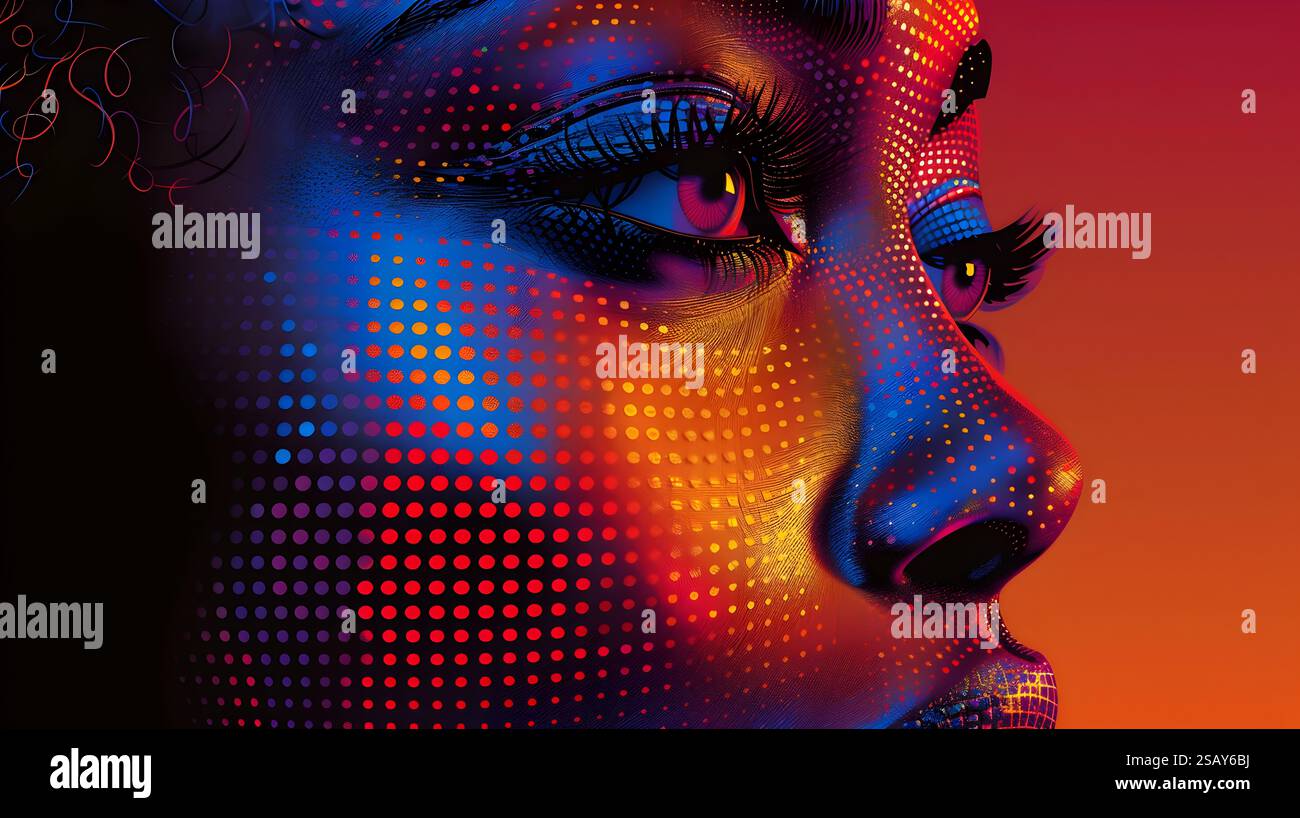 This visually striking image blends elements of pop art,digital ...