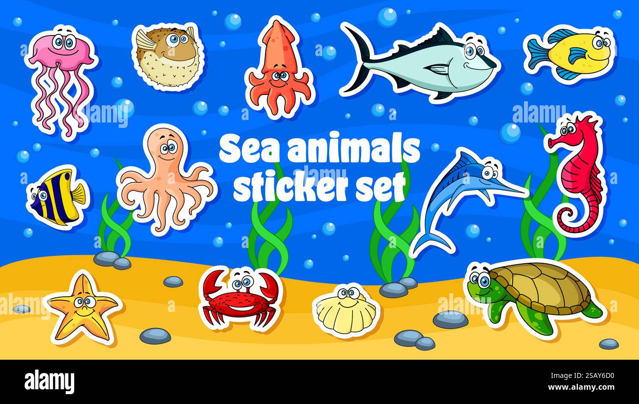 Sea underwater animals stickers pack. Cartoon vector marine creatures ...