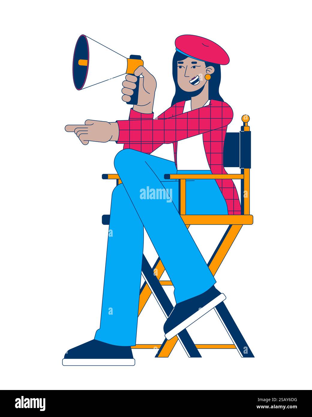 Female film director on chair with megaphone cartoon flat illustration ...