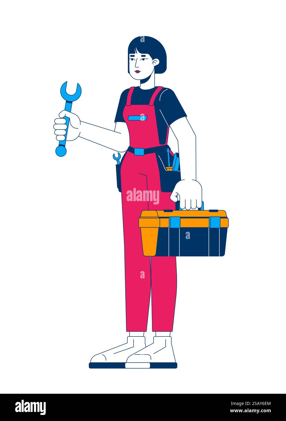 Female mechanic holding wrench and toolbox cartoon flat illustration ...