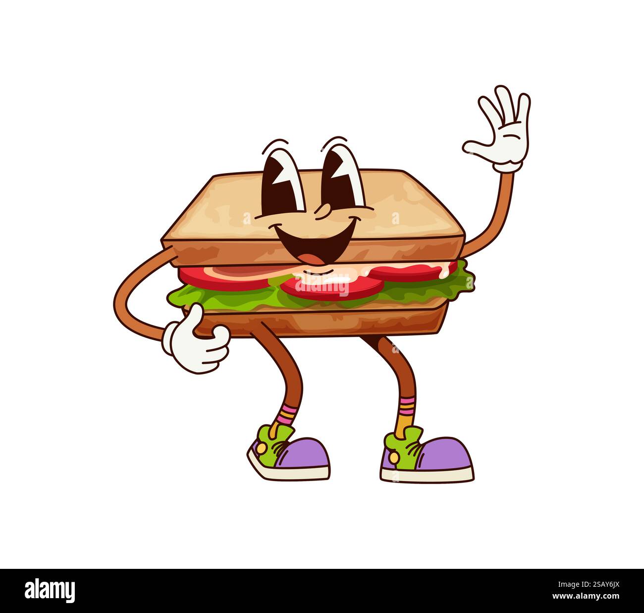 Cartoon groovy breakfast sandwich happy character. Street cafe menu ...