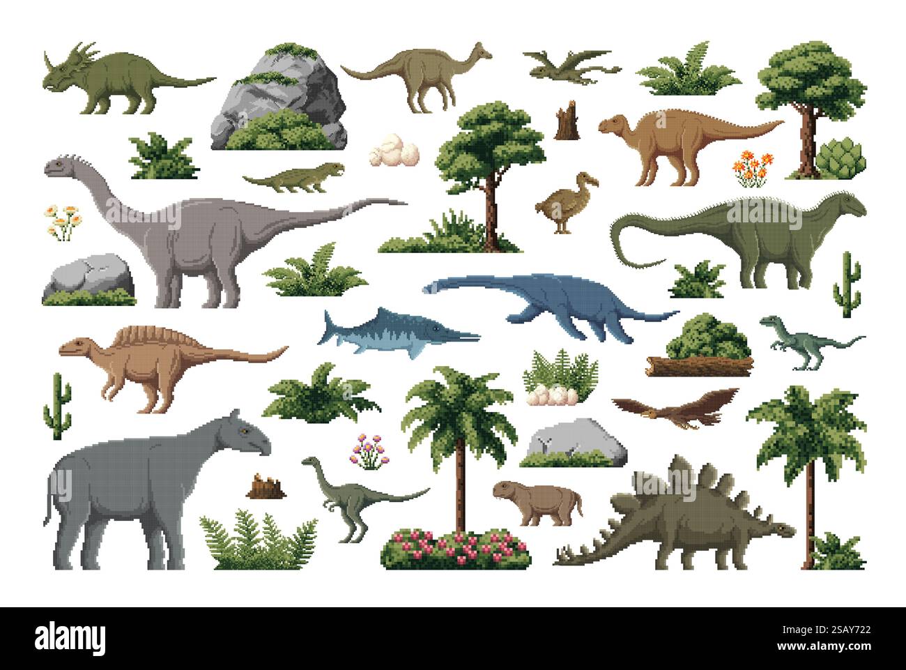 Prehistoric 8 bit pixel art dinosaurs for game assets and GUI elements ...
