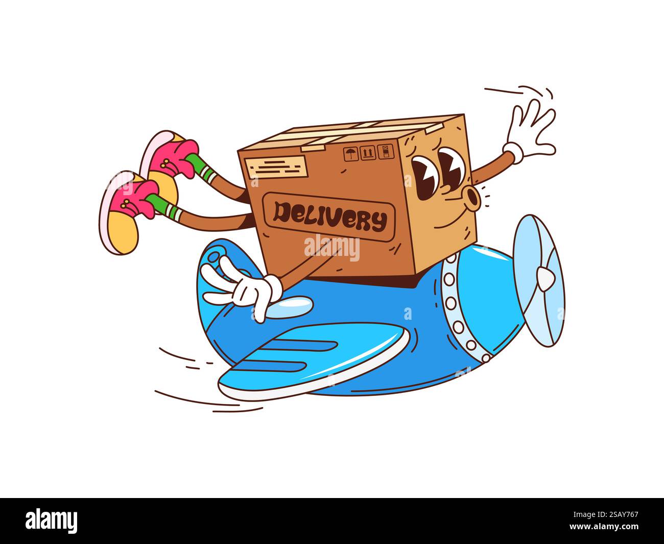Cartoon groovy delivery cardboard box character flying on the airplane ...