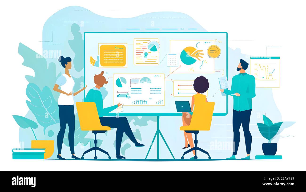 This image depicts a dynamic office scene where a team is engaged in a ...