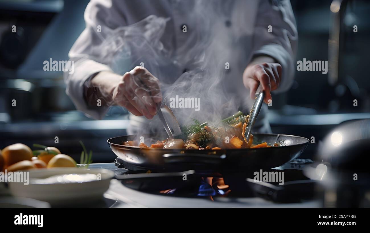 This image showcases a professional chef expertly preparing a gourmet ...