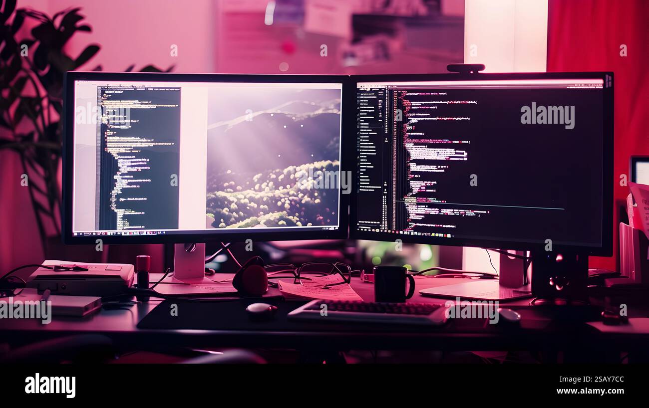 The image depicts the workspace of a software developer,with dual monitors displaying the ...