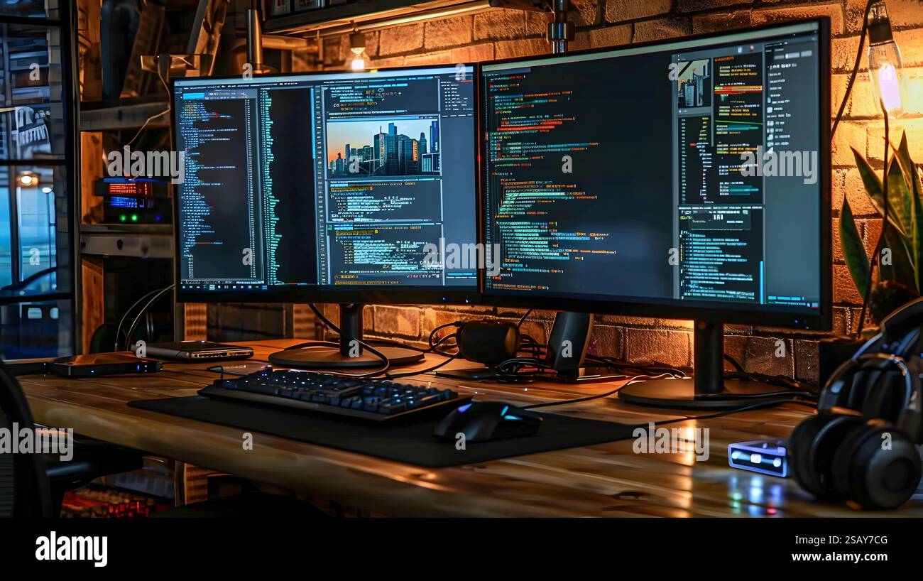 This image showcases the dual monitor setup of a software developer's ...
