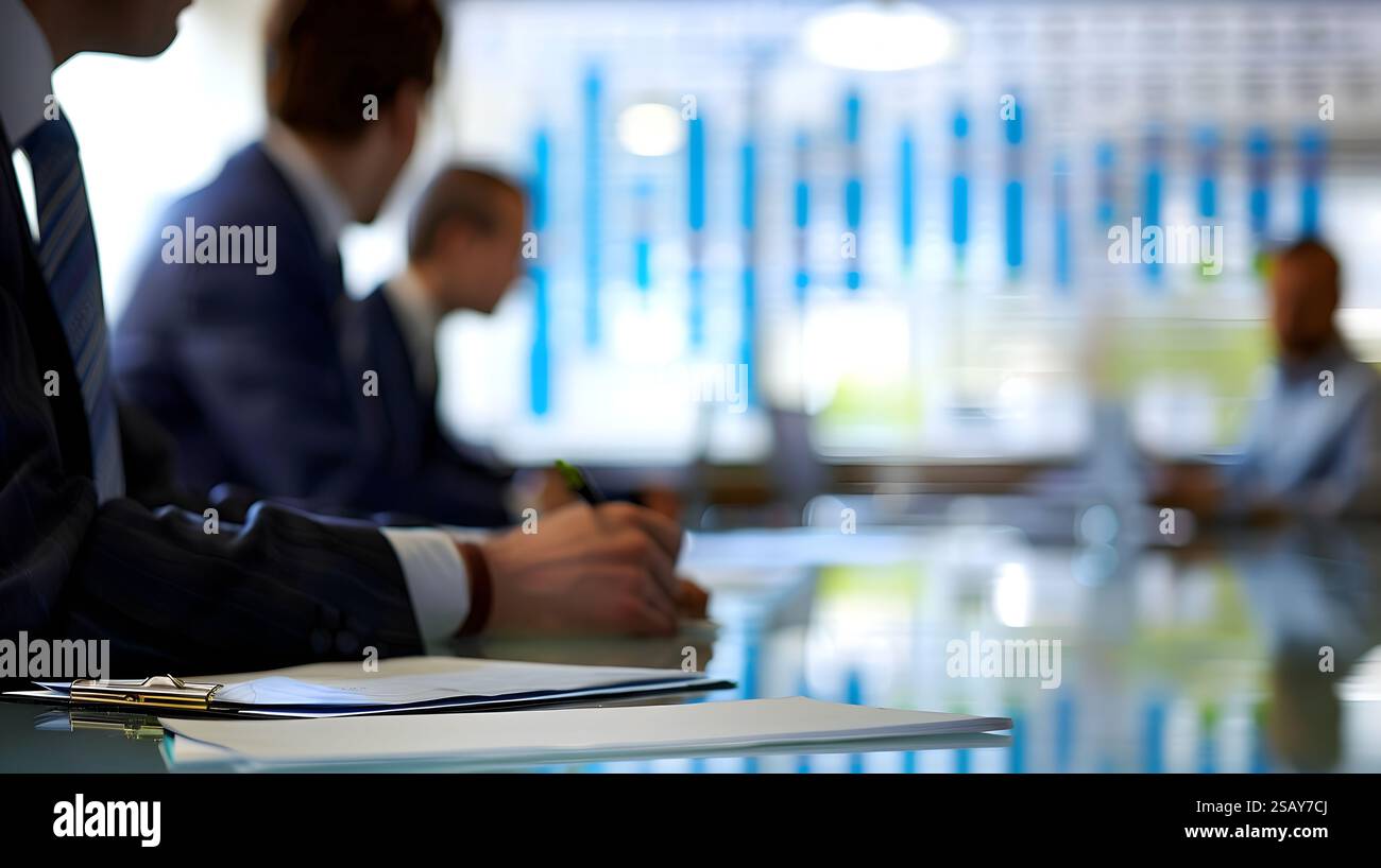 Image shows a group of business executives gathered around a conference ...
