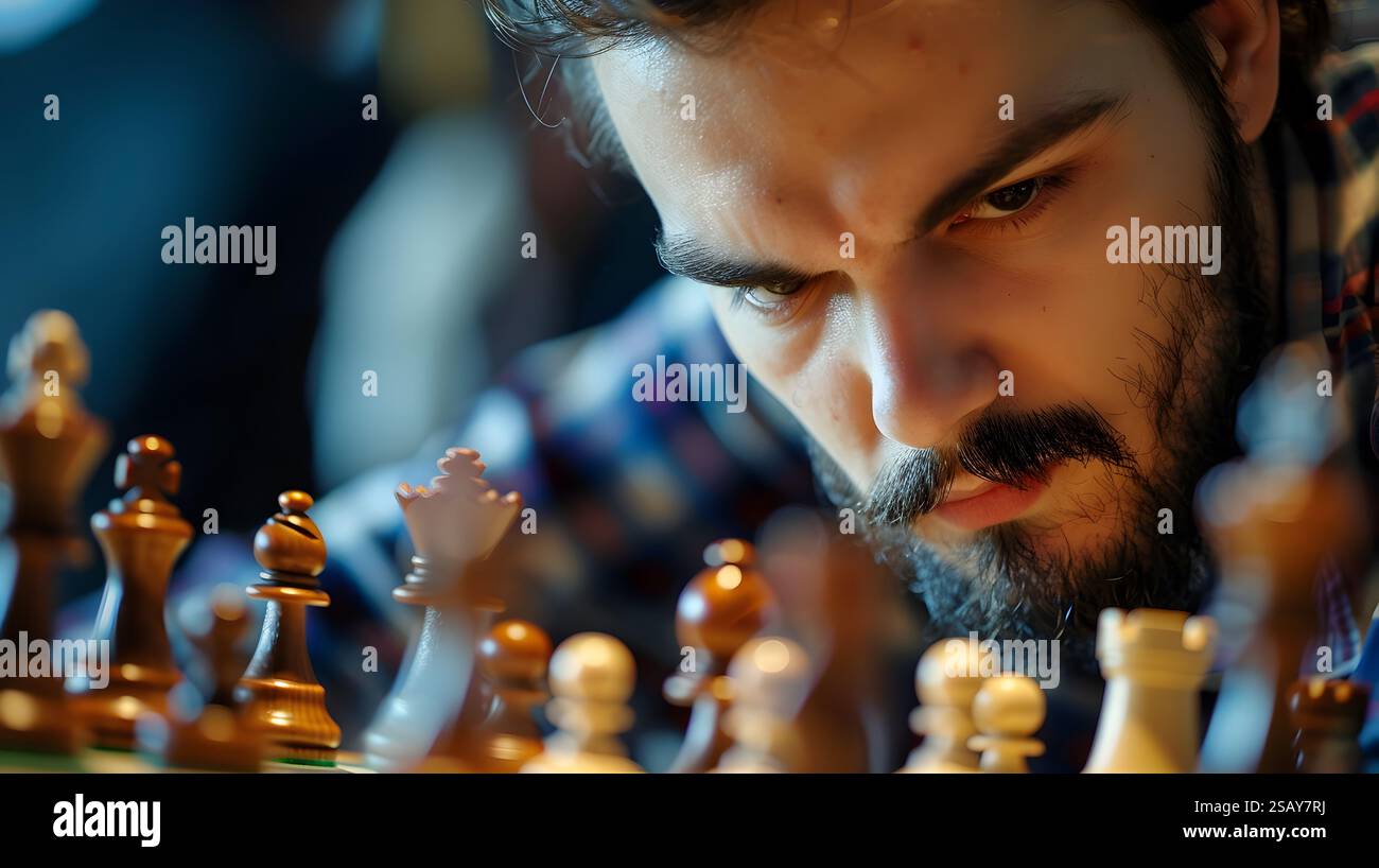 The image depicts an intense,focused chess player deeply immersed in ...