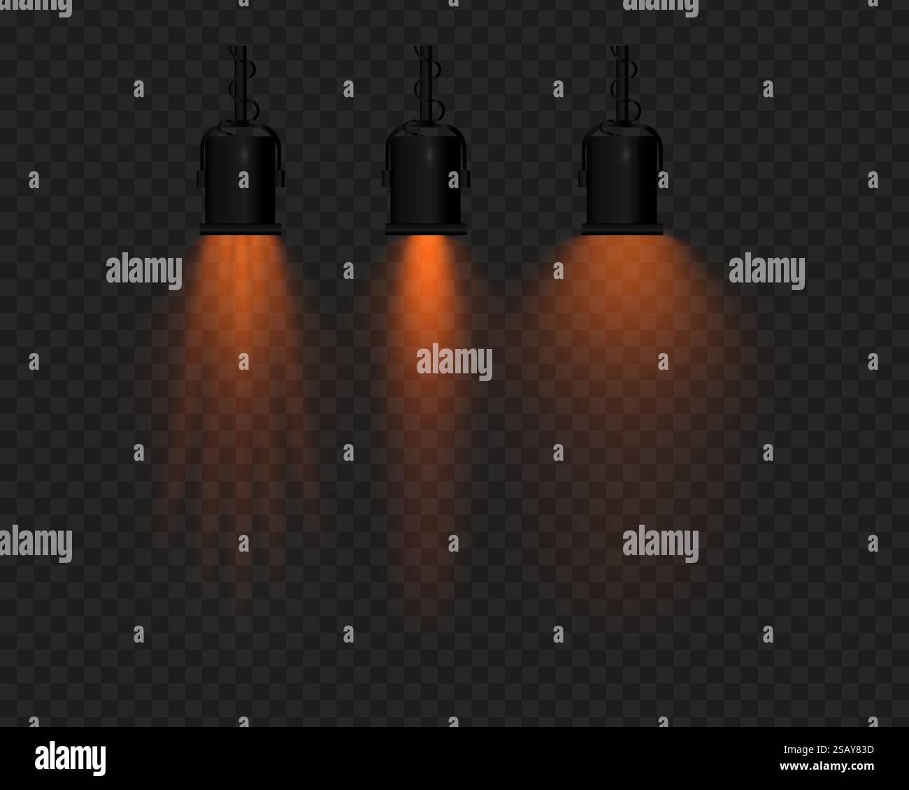 Realistic vector hanging lamps with orange light on a transparent ...