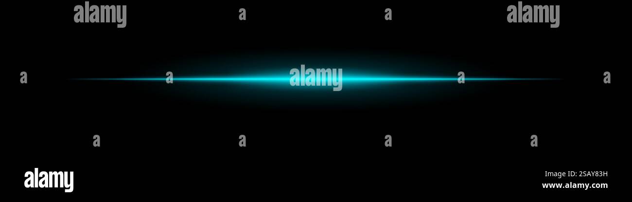 Horizontal light flare with cold glow on a black background. Blue ...