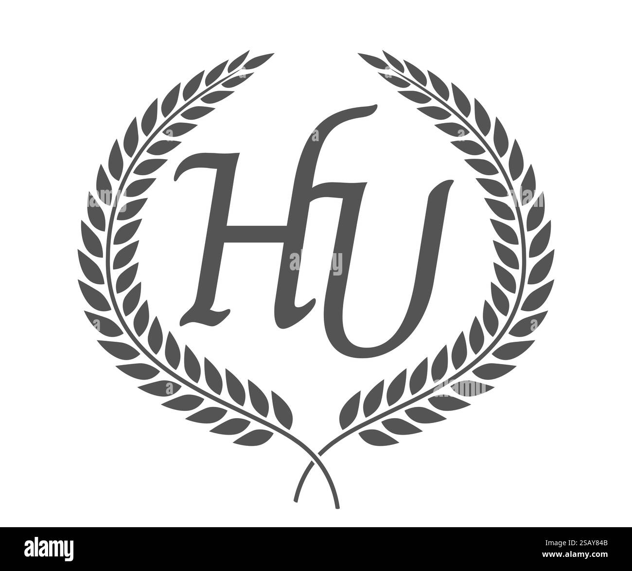 Initial letter H and U, HU monogram logo design with laurel wreath. Luxury emblem with ...