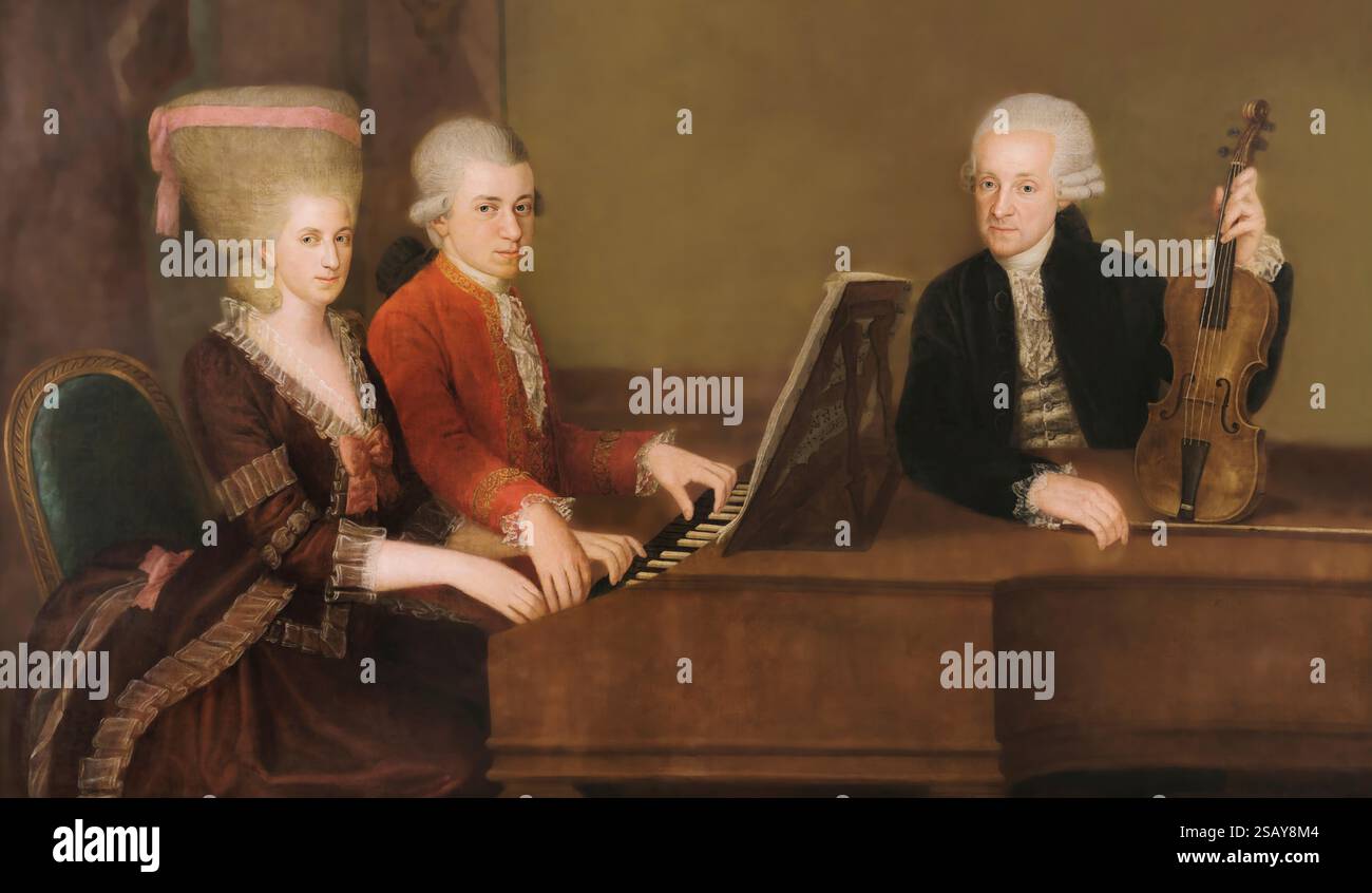 Wolfgang Amadeus Mozart with his sister Maria Anna "Nannerl" and father ...