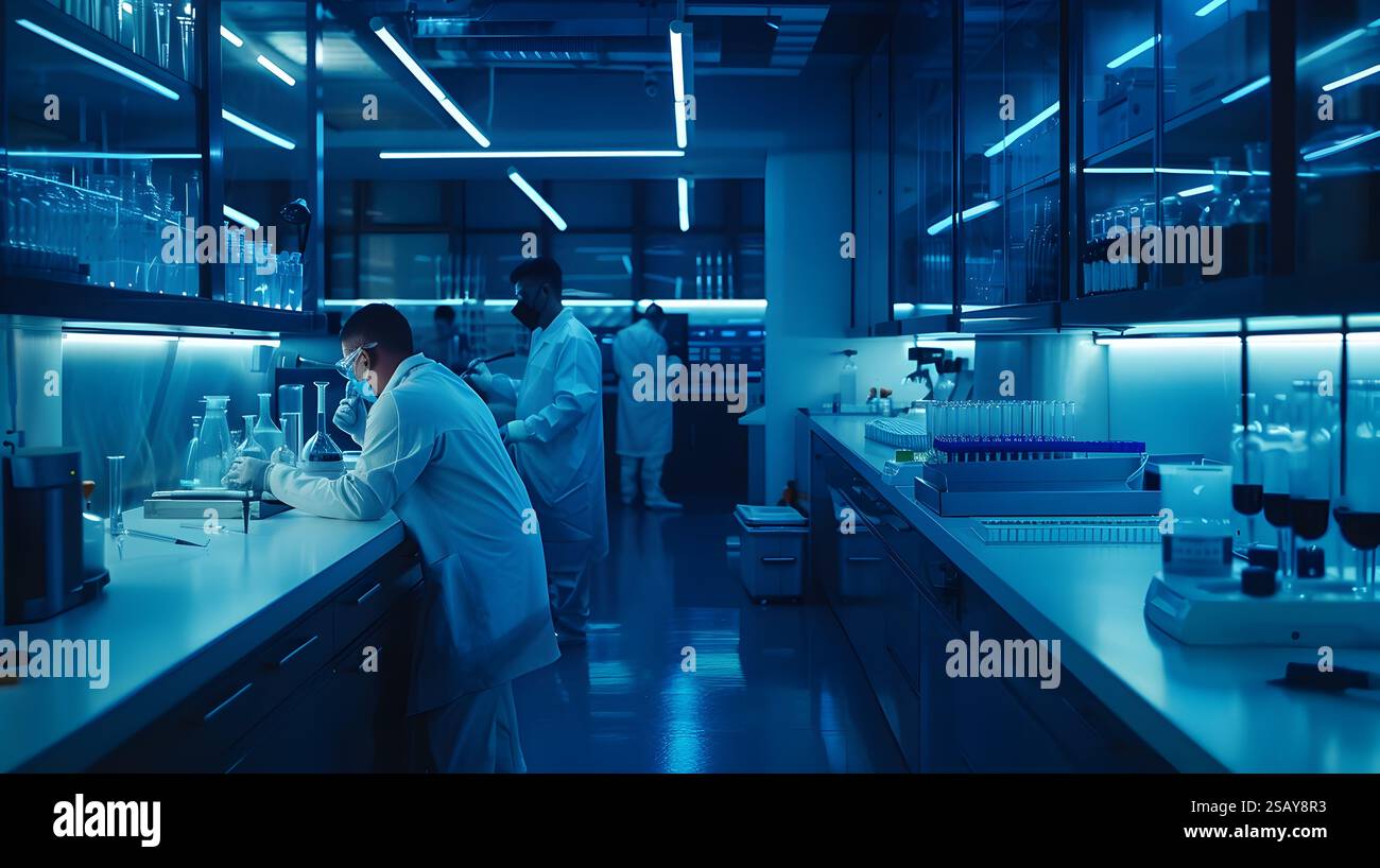 This image depicts a futuristic biotech laboratory where scientists in ...