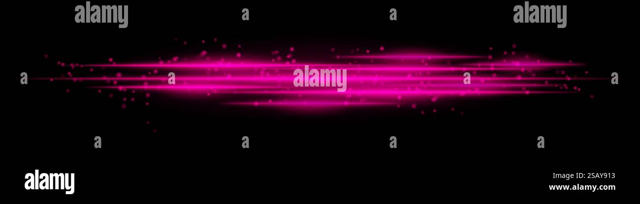 Realistic purple light streaks with glowing particles on a black ...