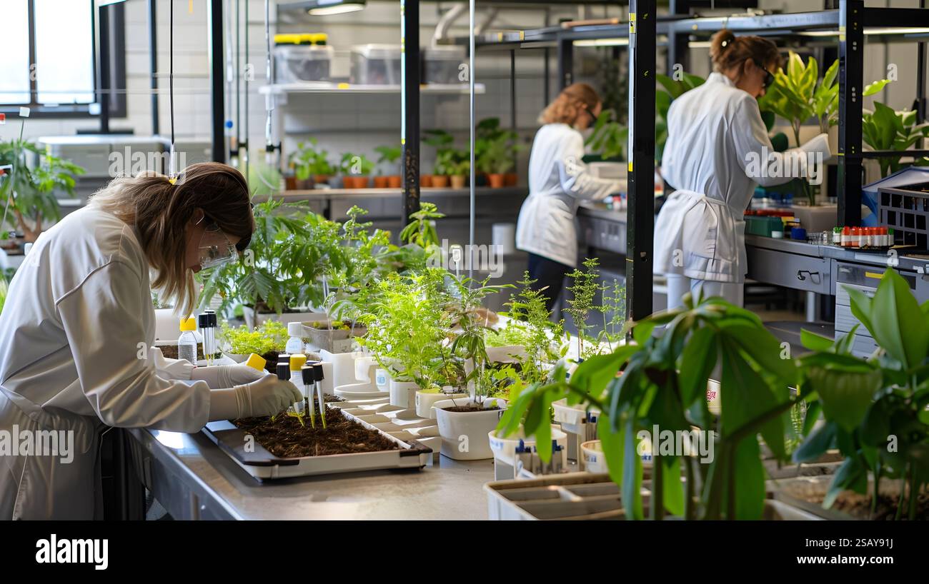 This image depicts a modern environmental science laboratory filled ...