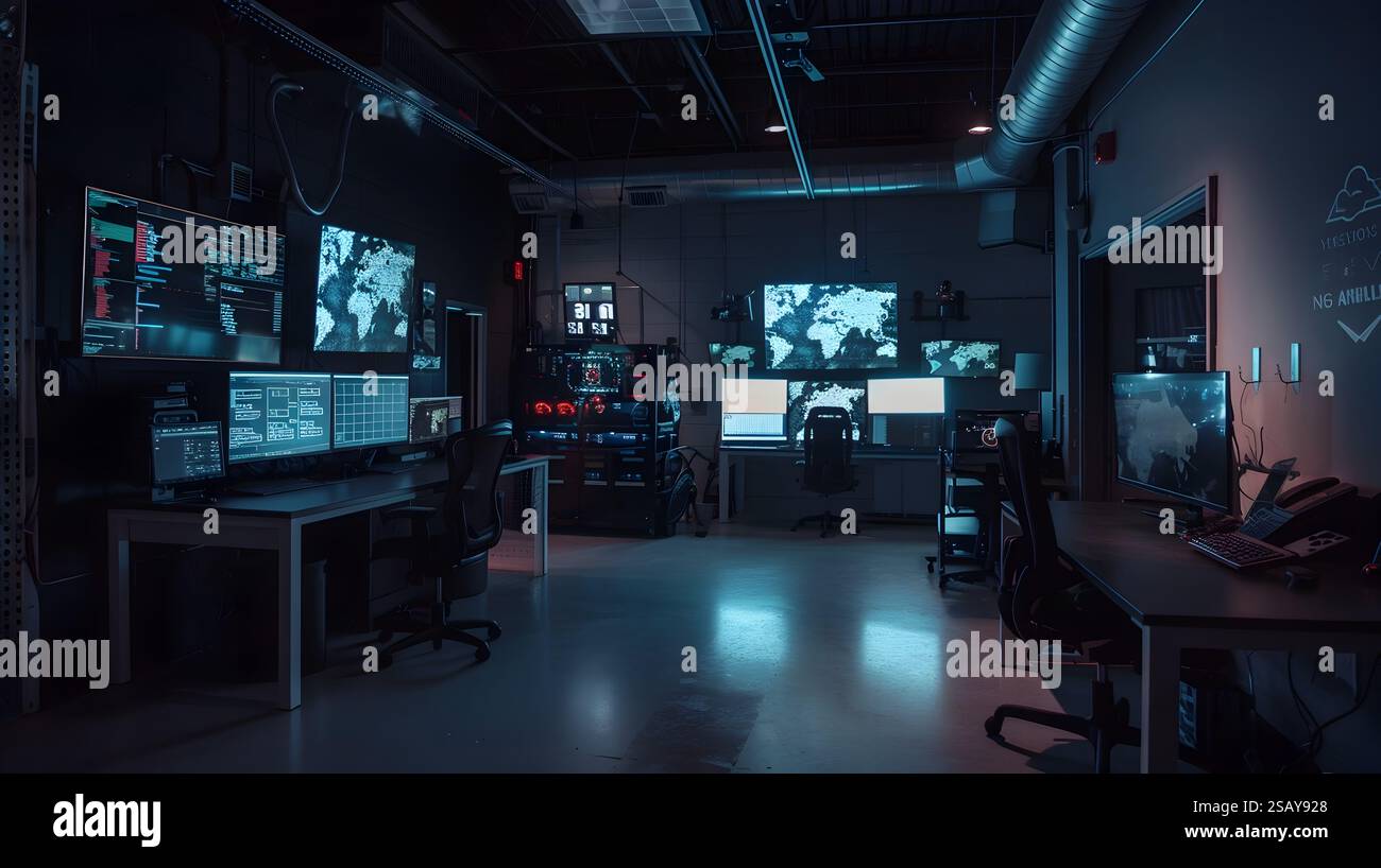 This image depicts a dark and moody cybersecurity lab,filled with ...