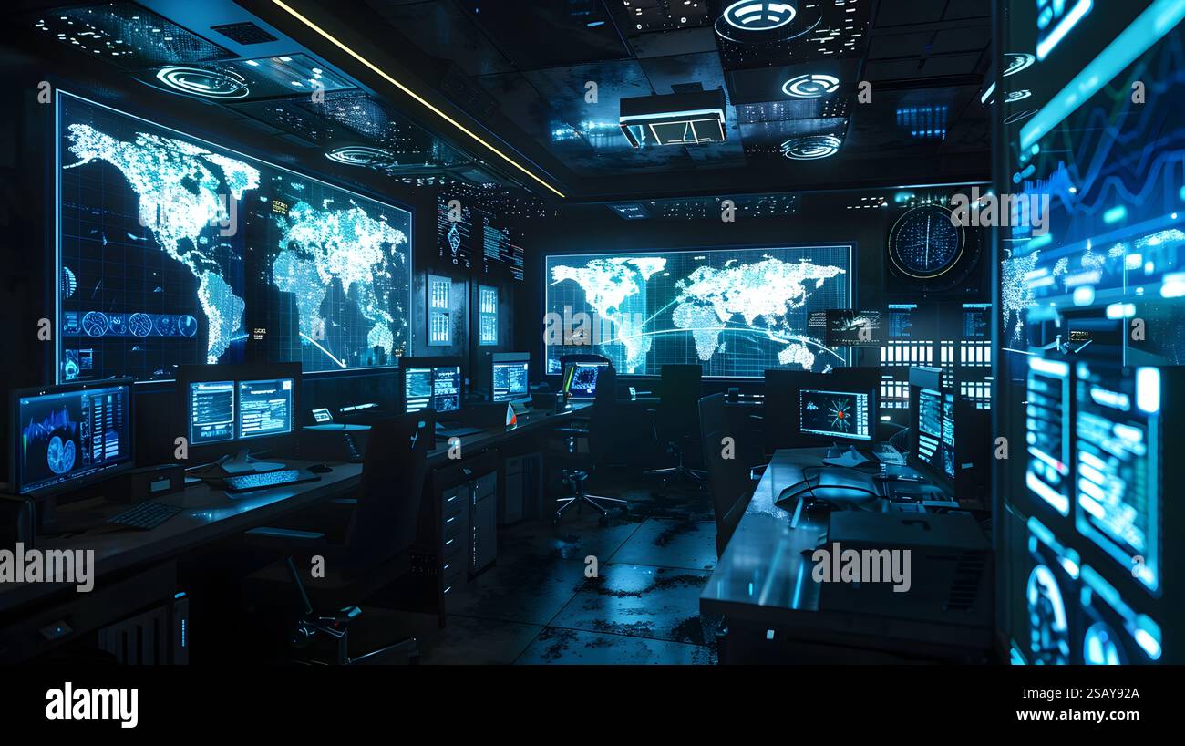 This image depicts a dark,moody cybersecurity lab with a futuristic ...